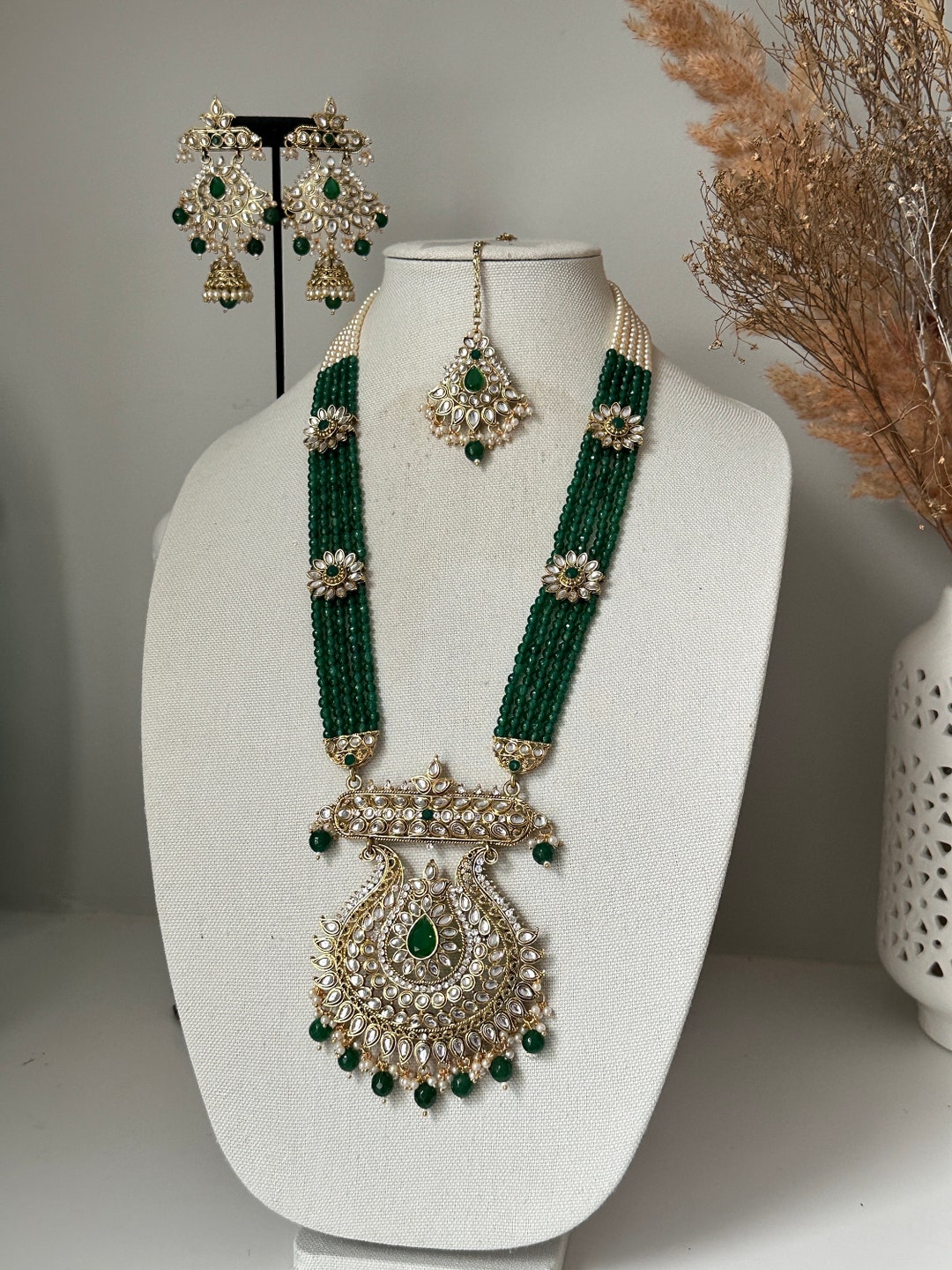 Green Pearl Long Necklace Rani Haar Pachi Kundan Bead Kundan Long ...