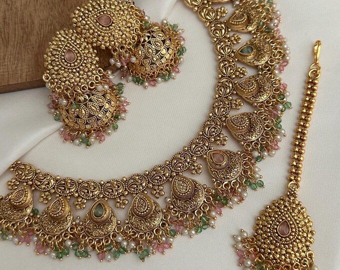 Gold Finish Polki Kundan Long Necklace Earrings /indian Jewelry/matt Finish Temple Jewellery ...