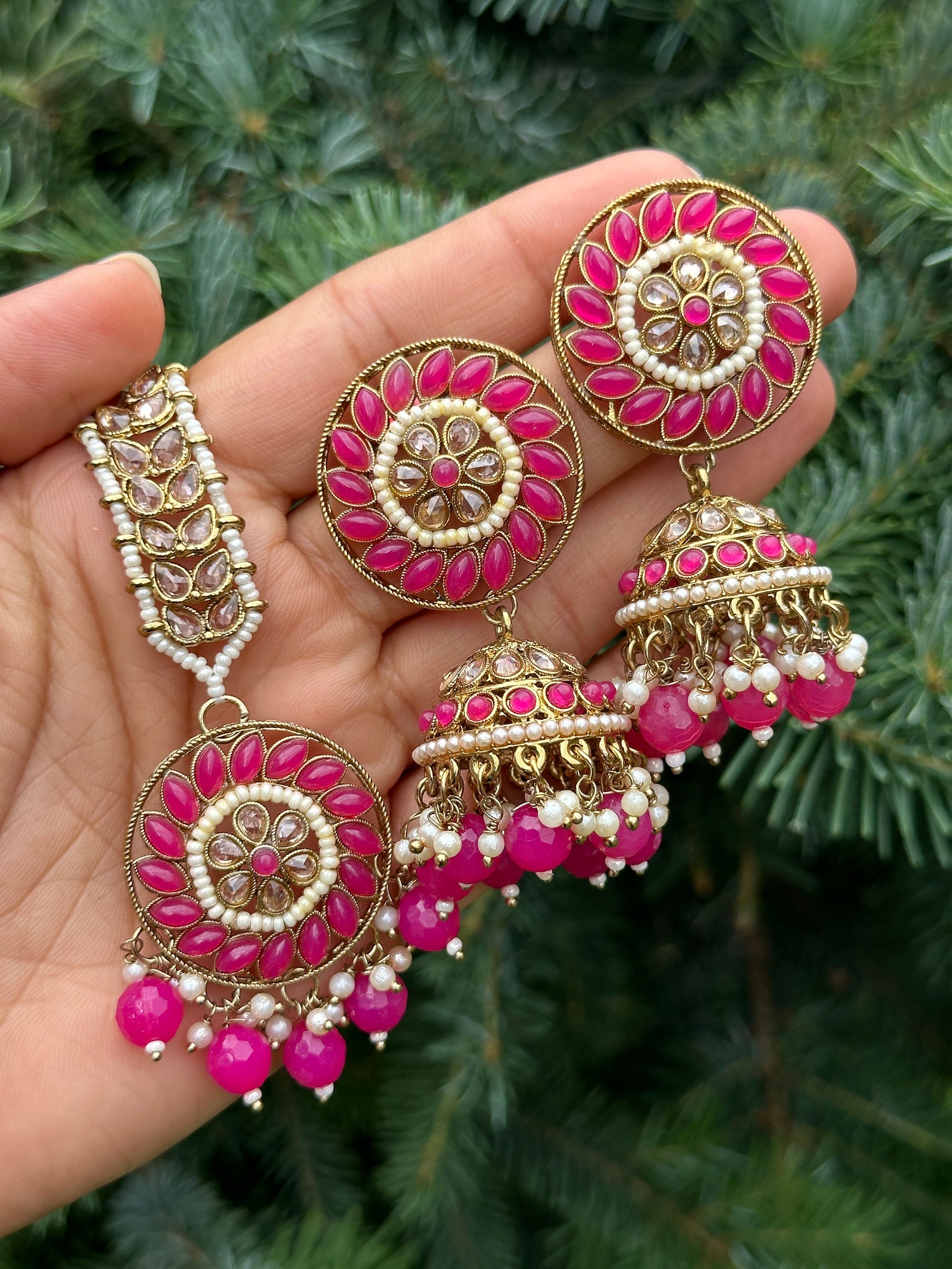 Pearl Polki Jhumka Tikka With Set Hot Pink Green Polki Jhumka Set/pachi ...