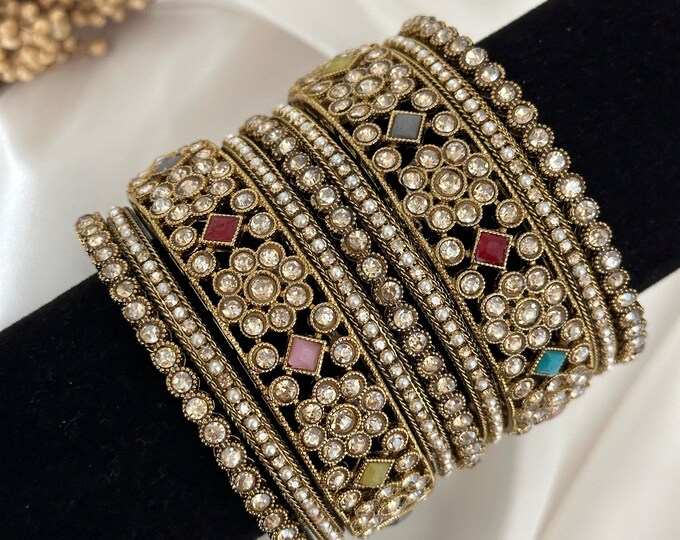 Gold Multicolor Stone Indian Bangle Set - Etsy