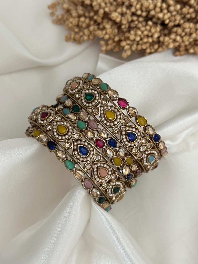 Multicolor Stone Kade Metal Bangles Se/indian Bangles/punjabi Bangles ...