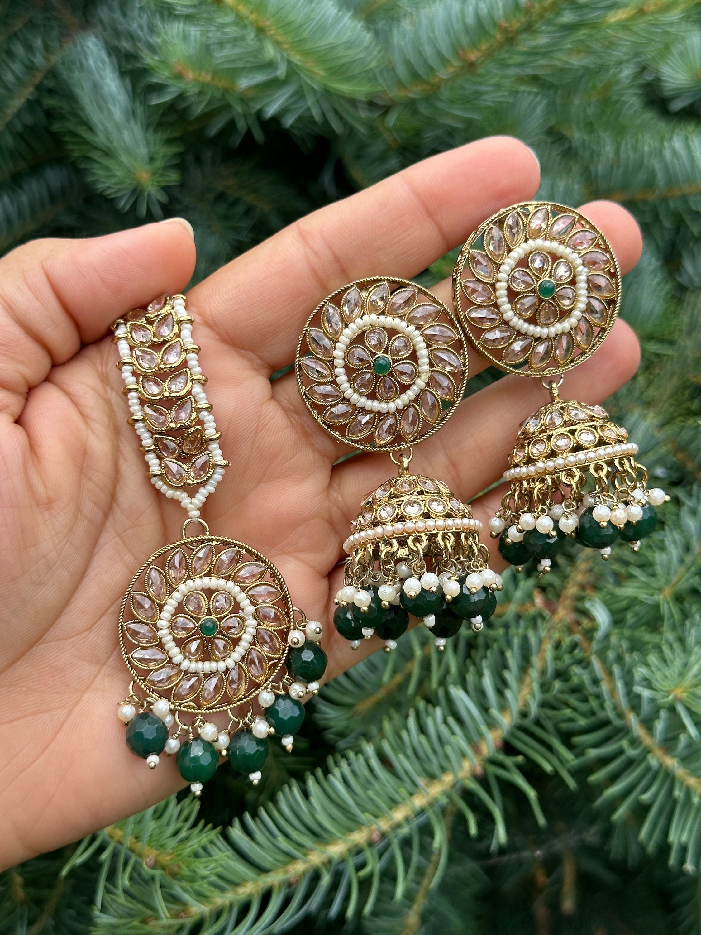 Pearl Polki Jhumka Tikka With Set Hot Pink Green Polki Jhumka Set/pachi ...