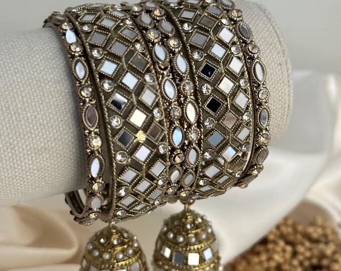 Bollywood Silver Mirror Pearl Bangles Set/punjabi Mirror Chuda Bangles ...