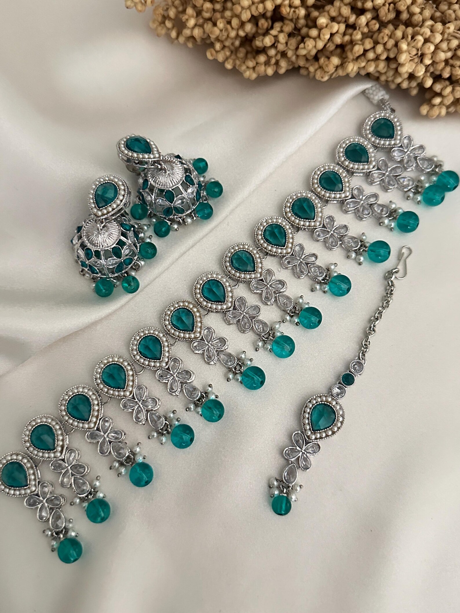 Silver Pokli Choker/ Necklace Earrings X Tikka/indian Uncut Necklace ...