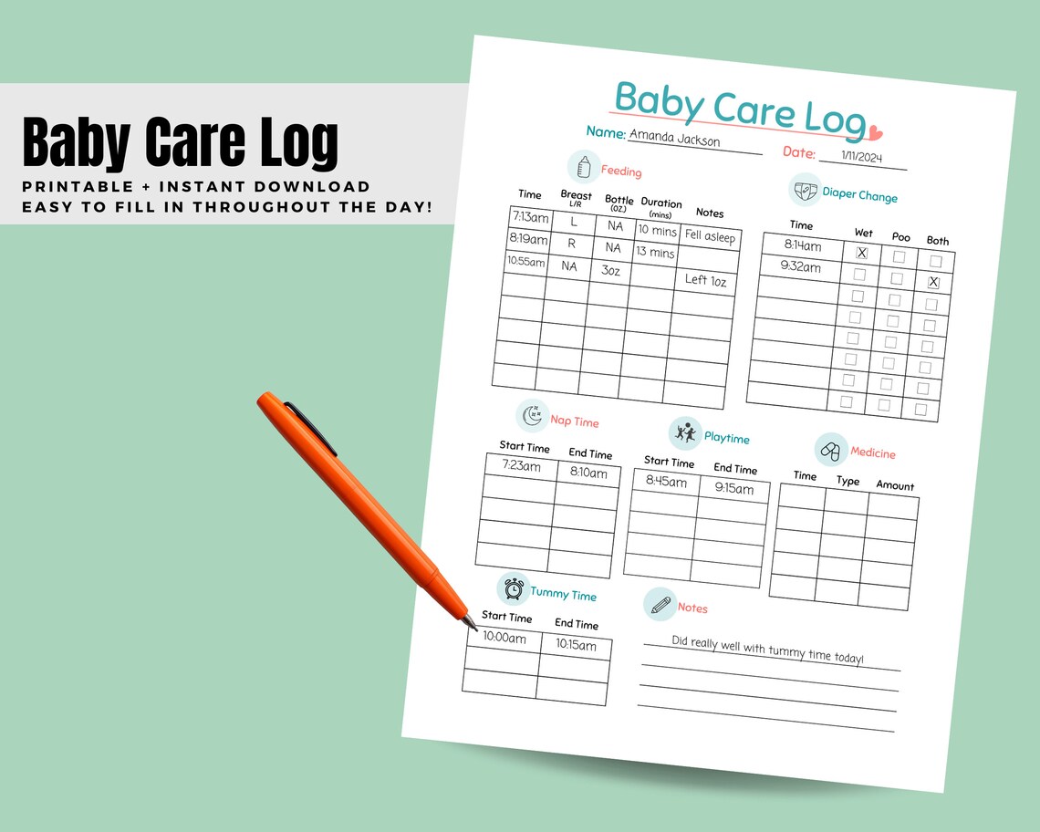 Baby Care Log, Nanny Log, Caregiver Daily Log, Daycare Daily Log ...