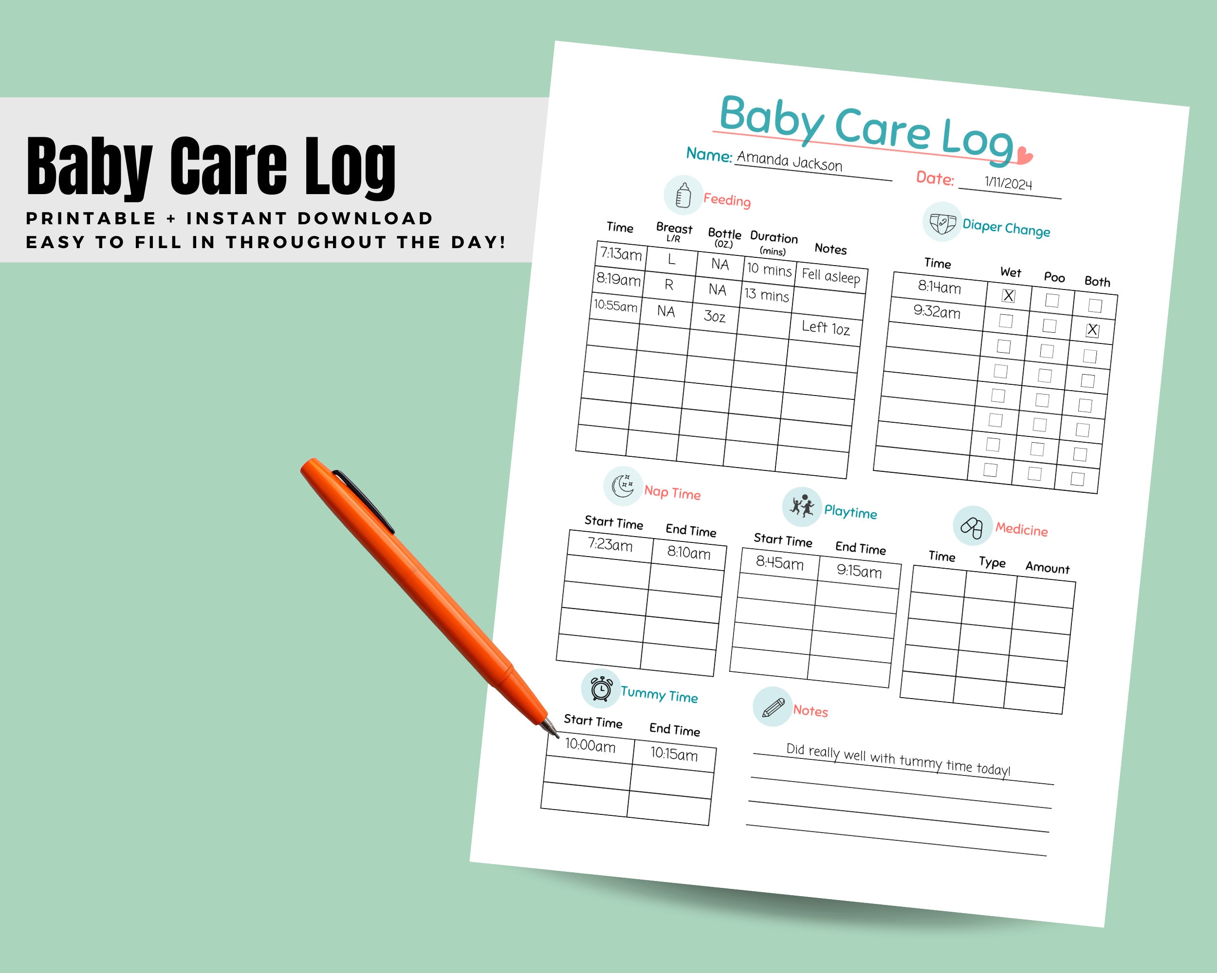 Baby Care Log, Nanny Log, Caregiver Daily Log, Daycare Daily Log ...