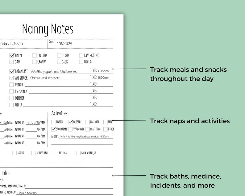 Nanny Notes, Nanny Log, Nanny Binder, Nanny Checklist, Baby Daily Log ...