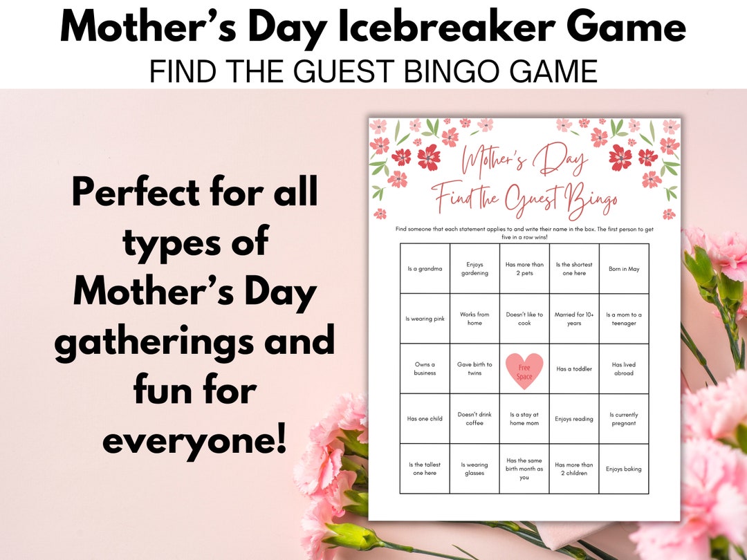 Mother's Day Bingo, Find the Guest Icebreaker, Mothers Day Party Mix ...