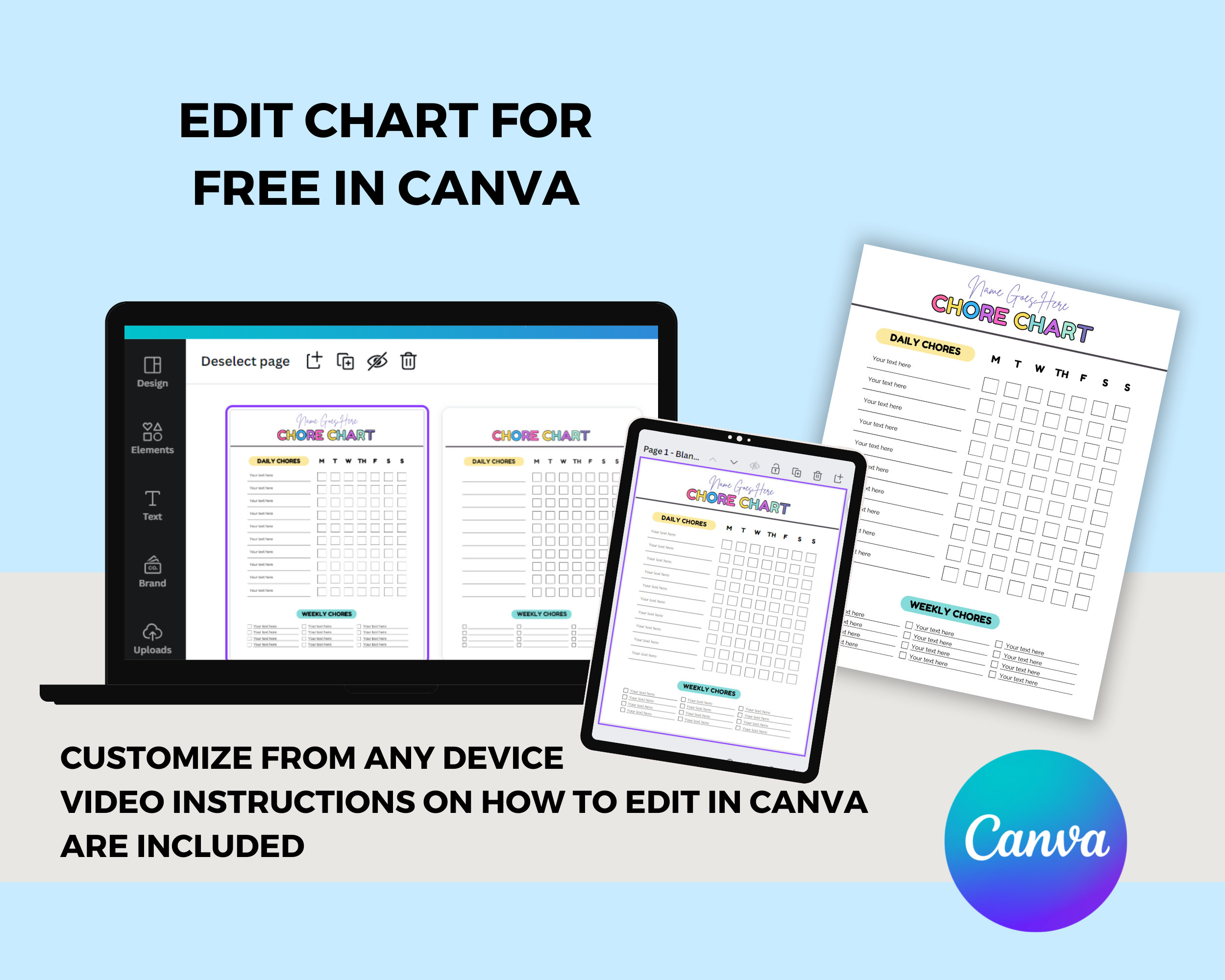 Editable Kids Chore Chart Canva, Printable Chore Chart, Reward System ...