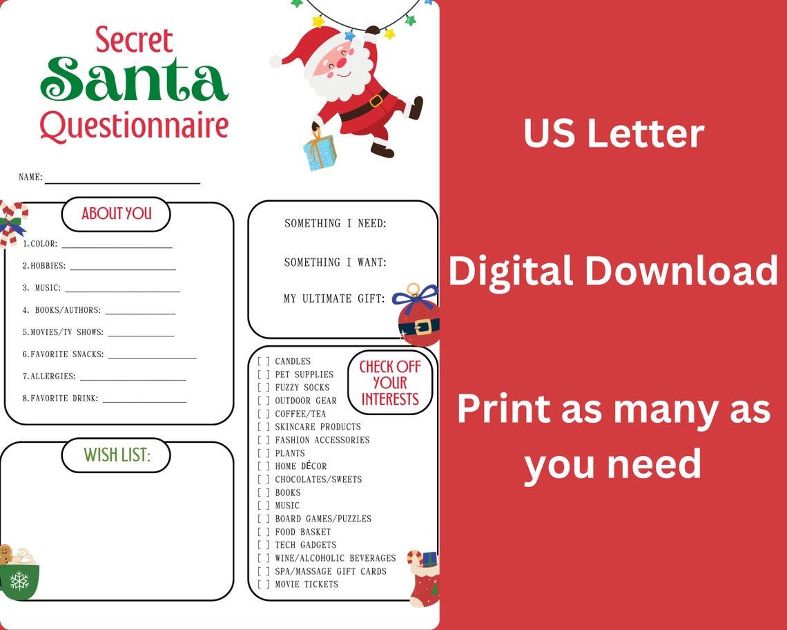 Secret Santa Questionnaire Printable, Holiday Party Game, Office ...