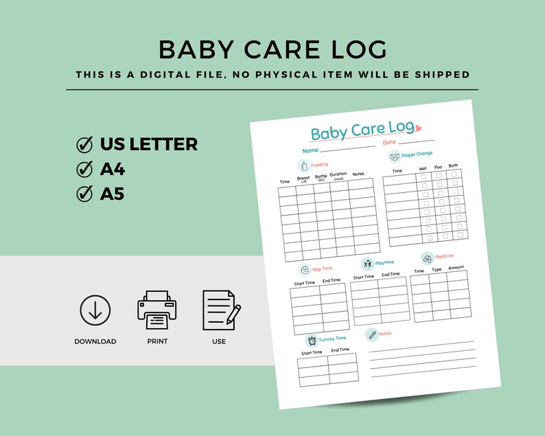 Baby Care Log, Nanny Log, Caregiver Daily Log, Daycare Daily Log ...