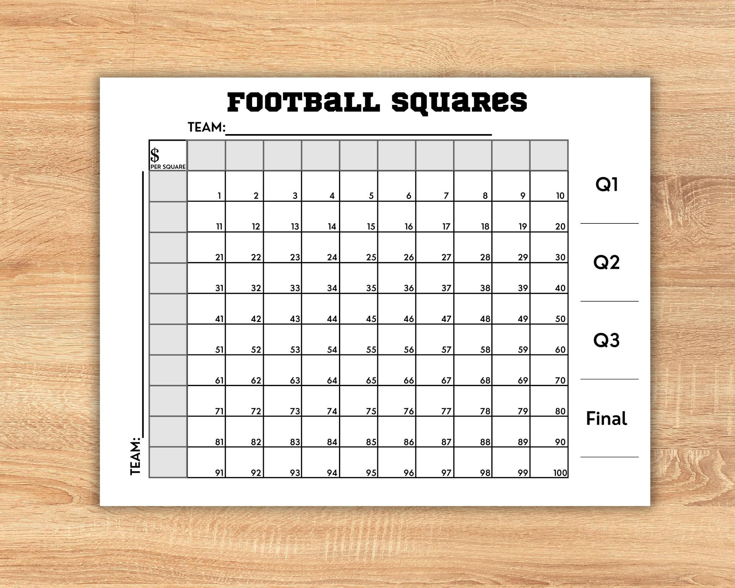 Football Squares Printable Game, 100 Square Football Board, Football ...