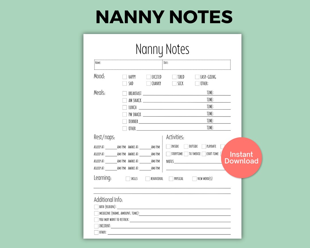 Nanny Notes, Nanny Log, Nanny Binder, Nanny Checklist, Baby Daily Log ...