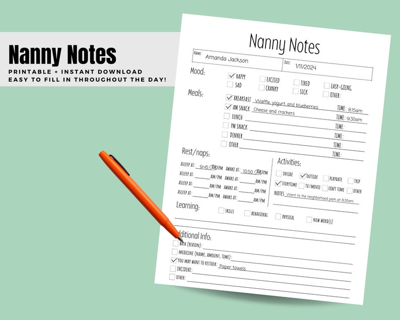 Nanny Notes, Nanny Log, Nanny Binder, Nanny Checklist, Baby Daily Log ...