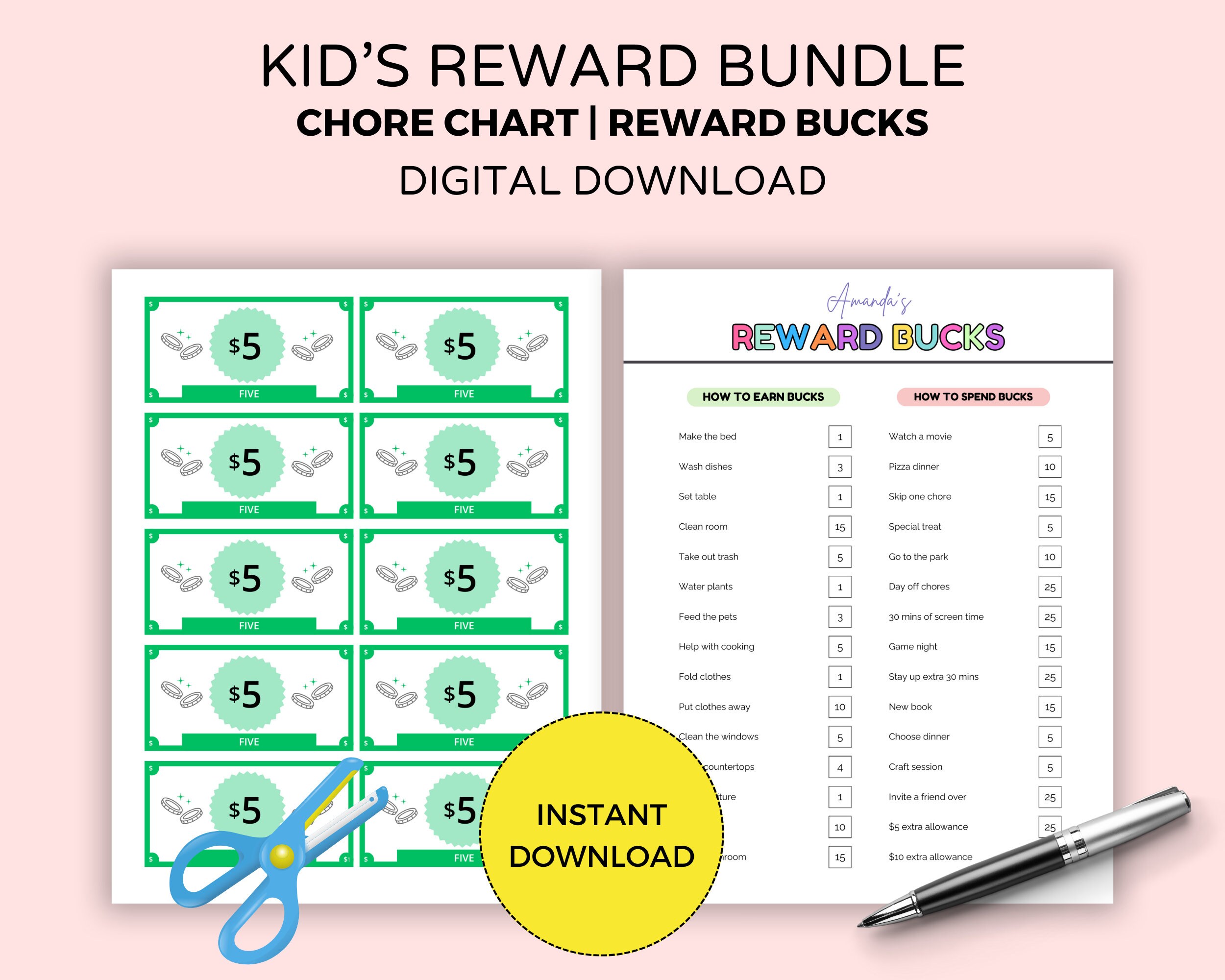 Kids Reward Bucks, Editable Kids Chore Chart Canva, Printable Mom, Dad ...