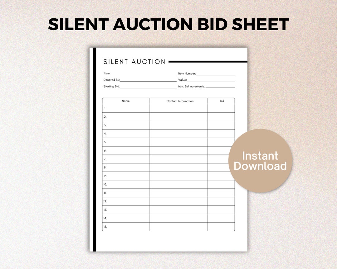 Silent Auction Bid Sheet, Fundraiser Sheet, Silent Auction Sign up ...