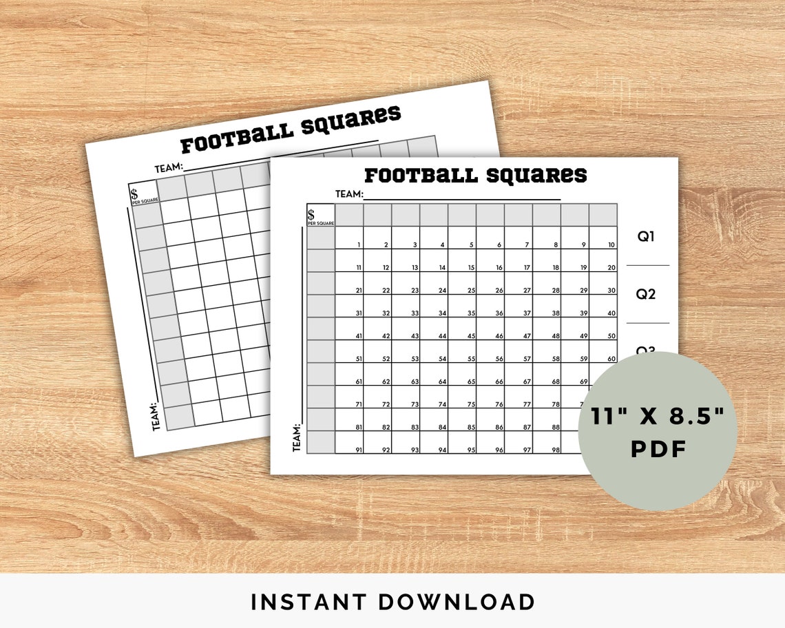 Football Squares Printable Game, 100 Square Football Board, Football ...