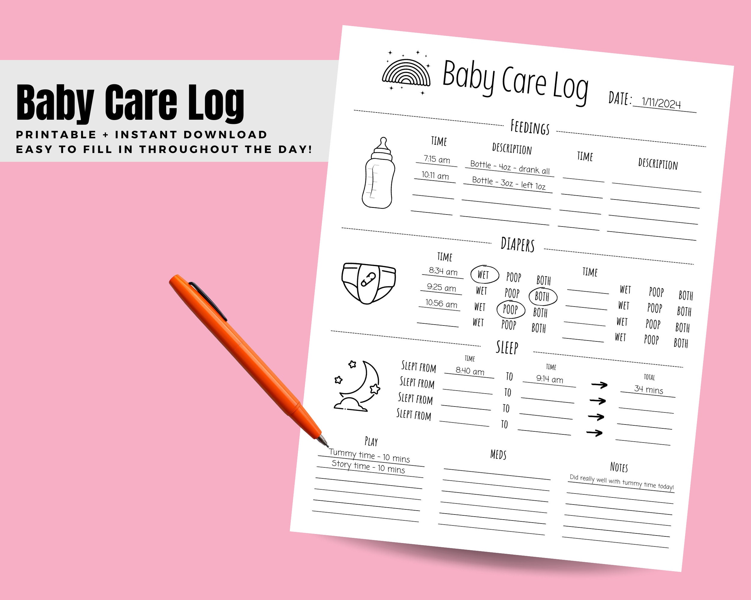 Infant Care Log, Nanny Log, Caregiver Daily Log, Daycare Daily Log ...