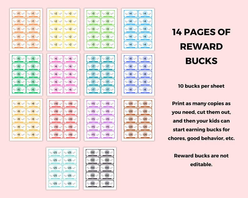 Kids Reward Bucks, Editable Kids Chore Chart Canva, Printable Mom, Dad ...