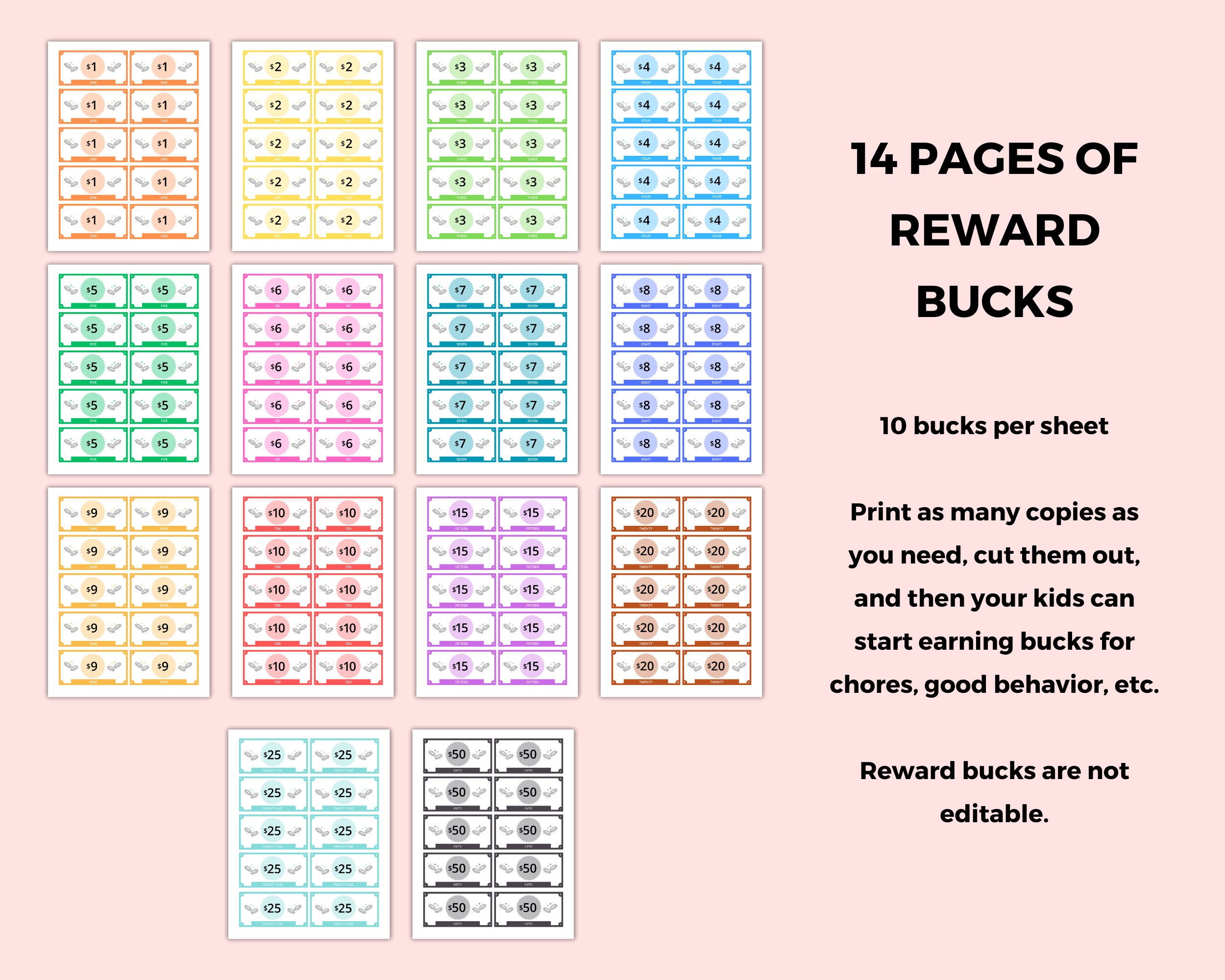Kids Reward Bucks, Editable Kids Chore Chart Canva, Printable Mom, Dad ...