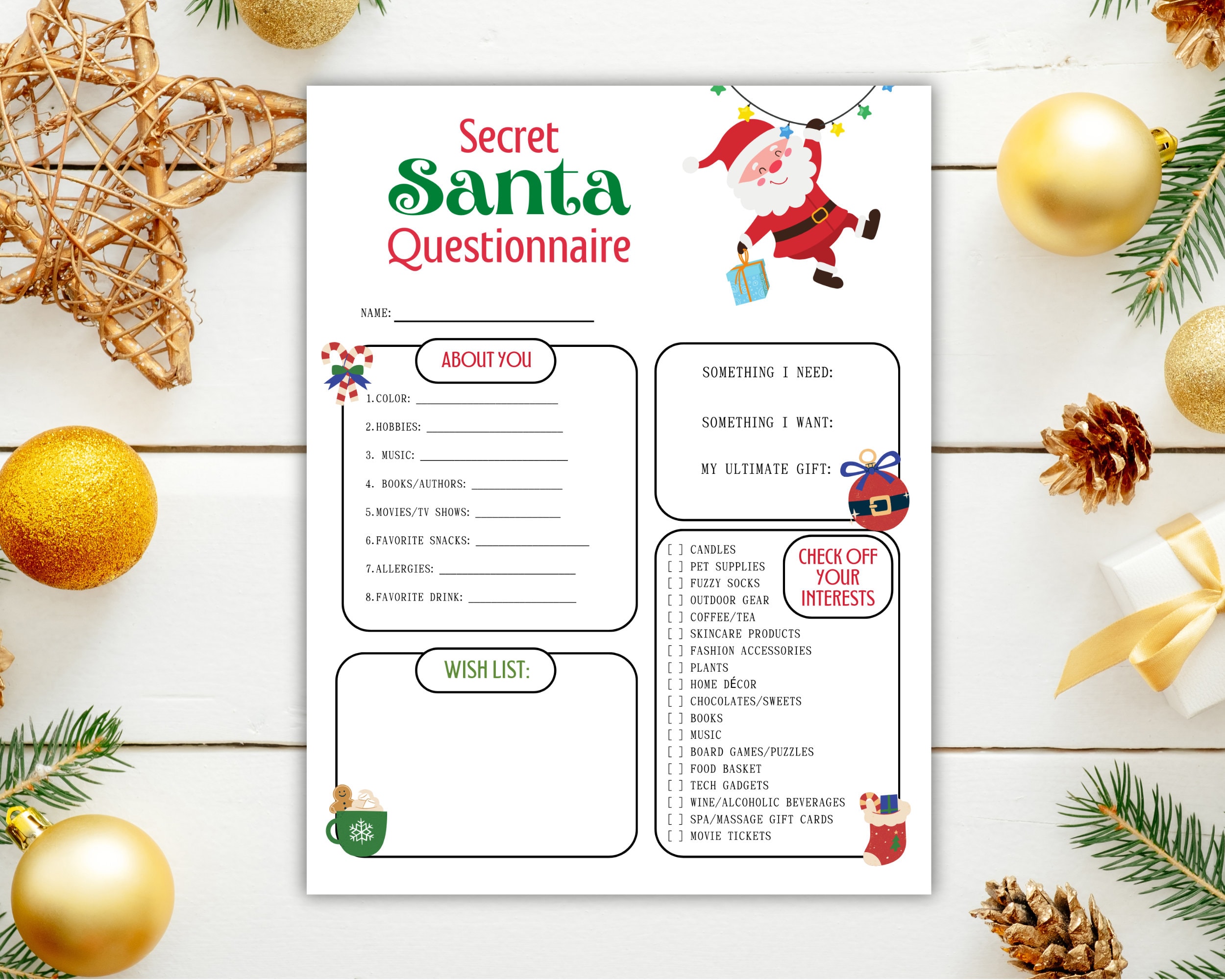 Secret Santa Questionnaire Printable, Holiday Party Game, Office ...