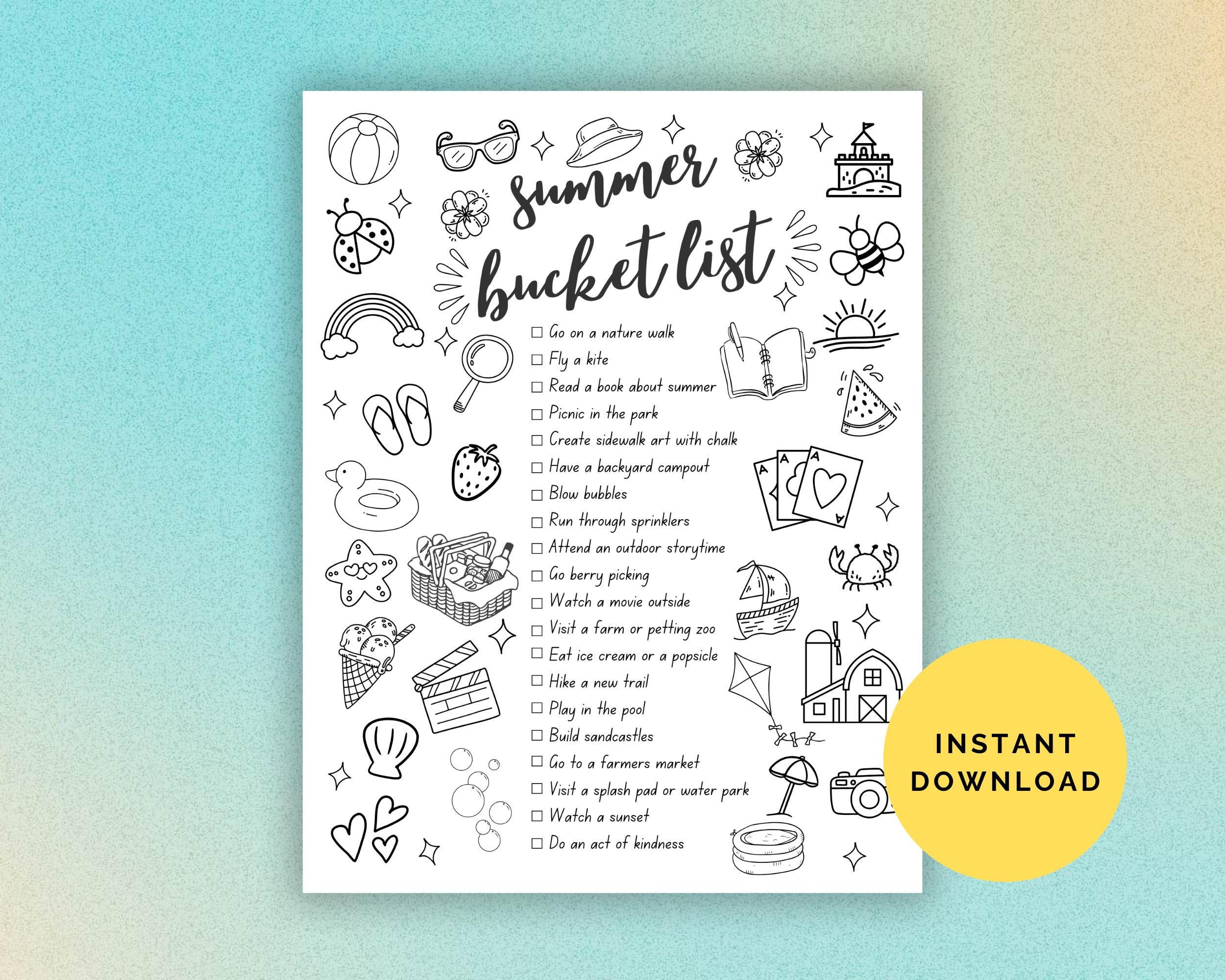 Kids Summer Bucket List Printable Coloring Page, Family Bucketlist, Fun ...