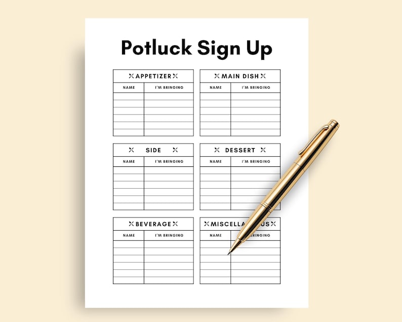Potluck Party Sign up Sheet Printable, Potluck Sign up Form, Office ...