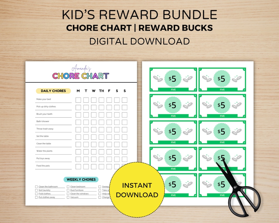 Kids Reward Bucks, Editable Kids Chore Chart Canva, Printable Mom, Dad ...