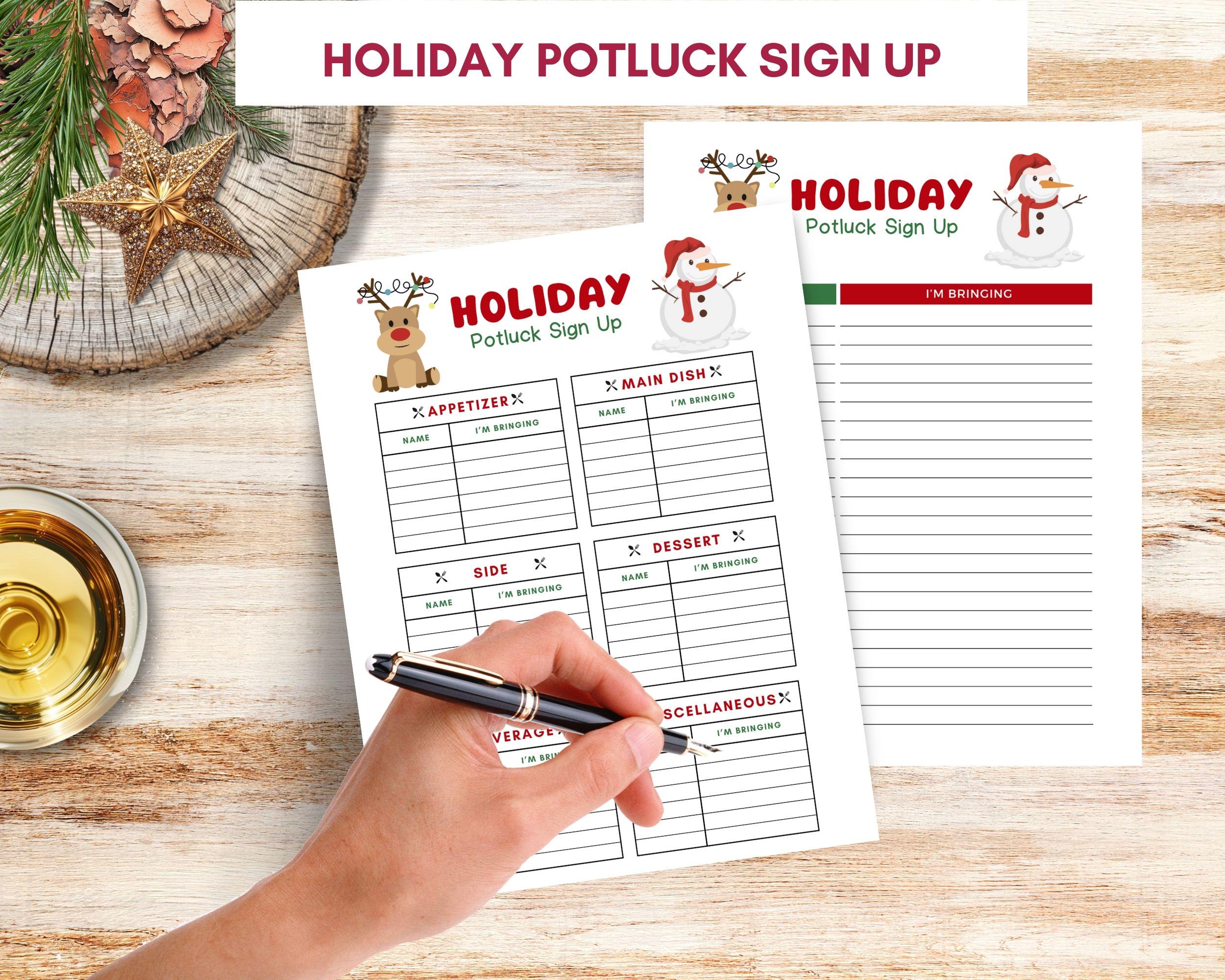 Holiday Potluck Sign up Sheet Printable, Party Food Sign up Form, Work ...