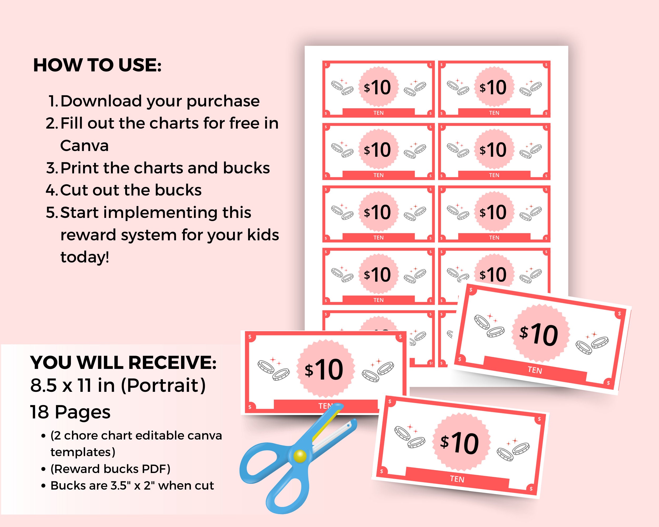 Kids Reward Bucks, Editable Kids Chore Chart Canva, Printable Mom, Dad ...