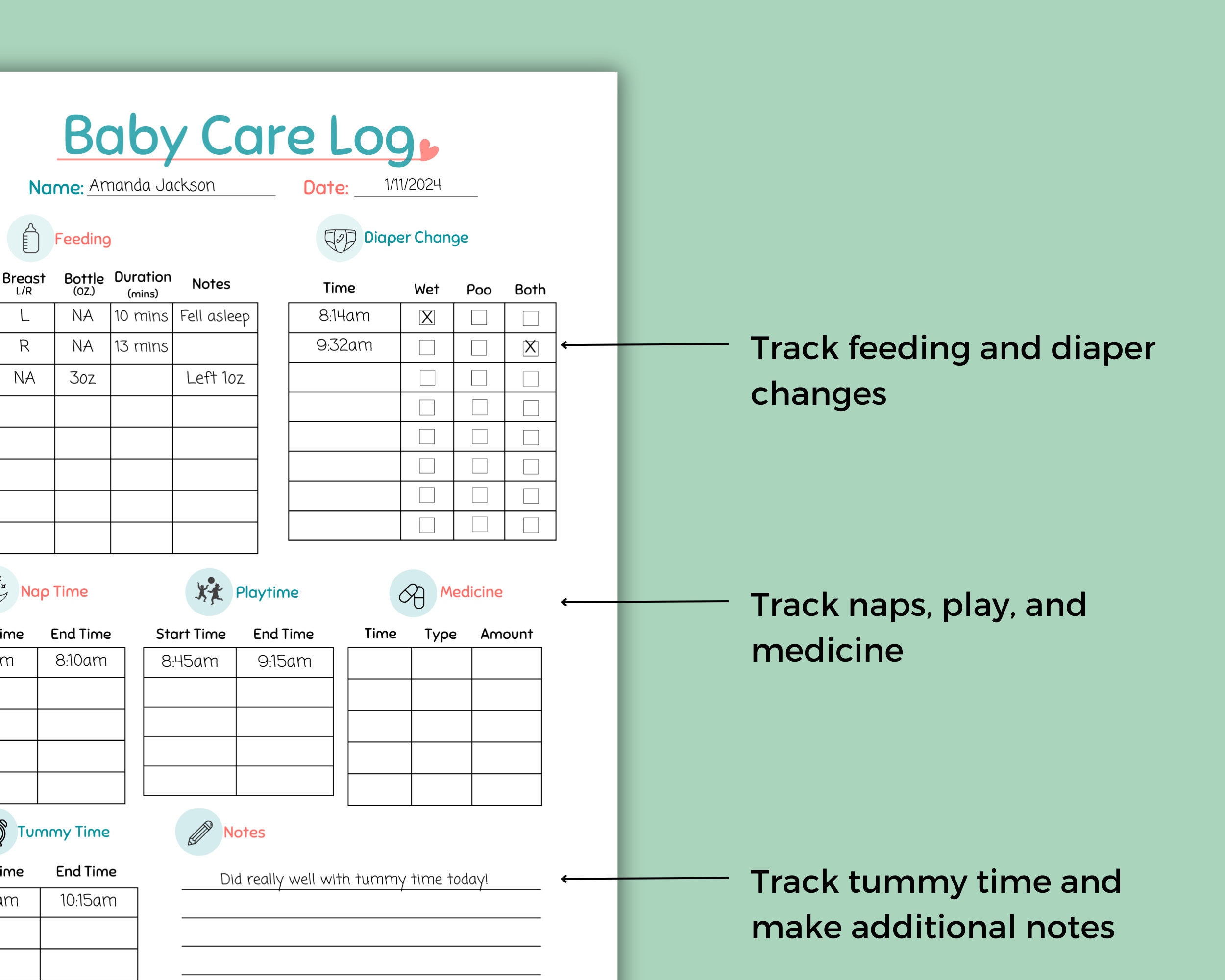 Baby Care Log, Nanny Log, Caregiver Daily Log, Daycare Daily Log ...