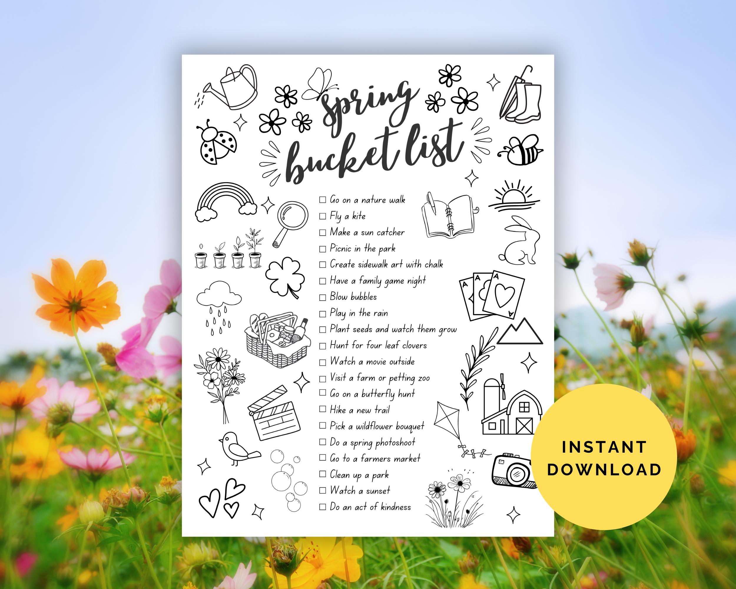 Kids Spring Bucket List Printable Coloring Page, Family Fun Spring ...
