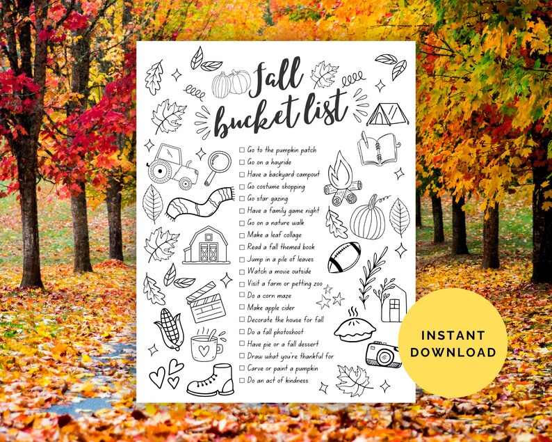 Kids Fall Bucket List Printable Coloring Page, Family Fun Autumn ...
