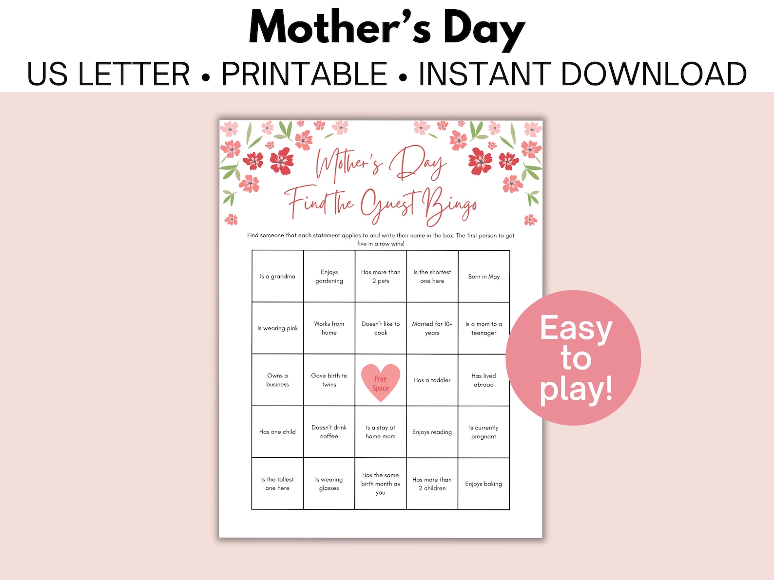 Mother's Day Bingo, Find the Guest Icebreaker, Mothers Day Party Mix ...