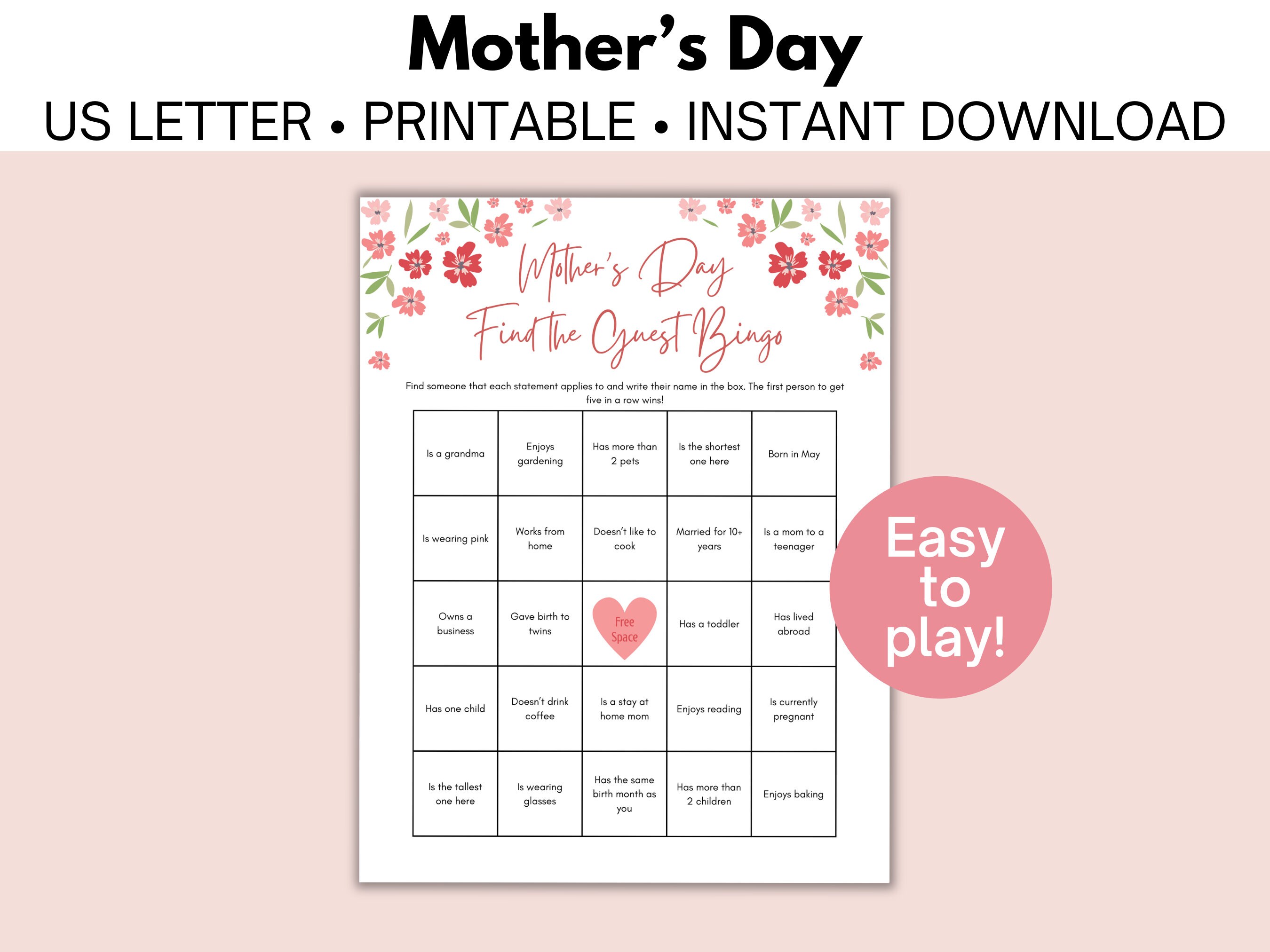 Mother's Day Bingo, Find the Guest Icebreaker, Mothers Day Party Mix ...