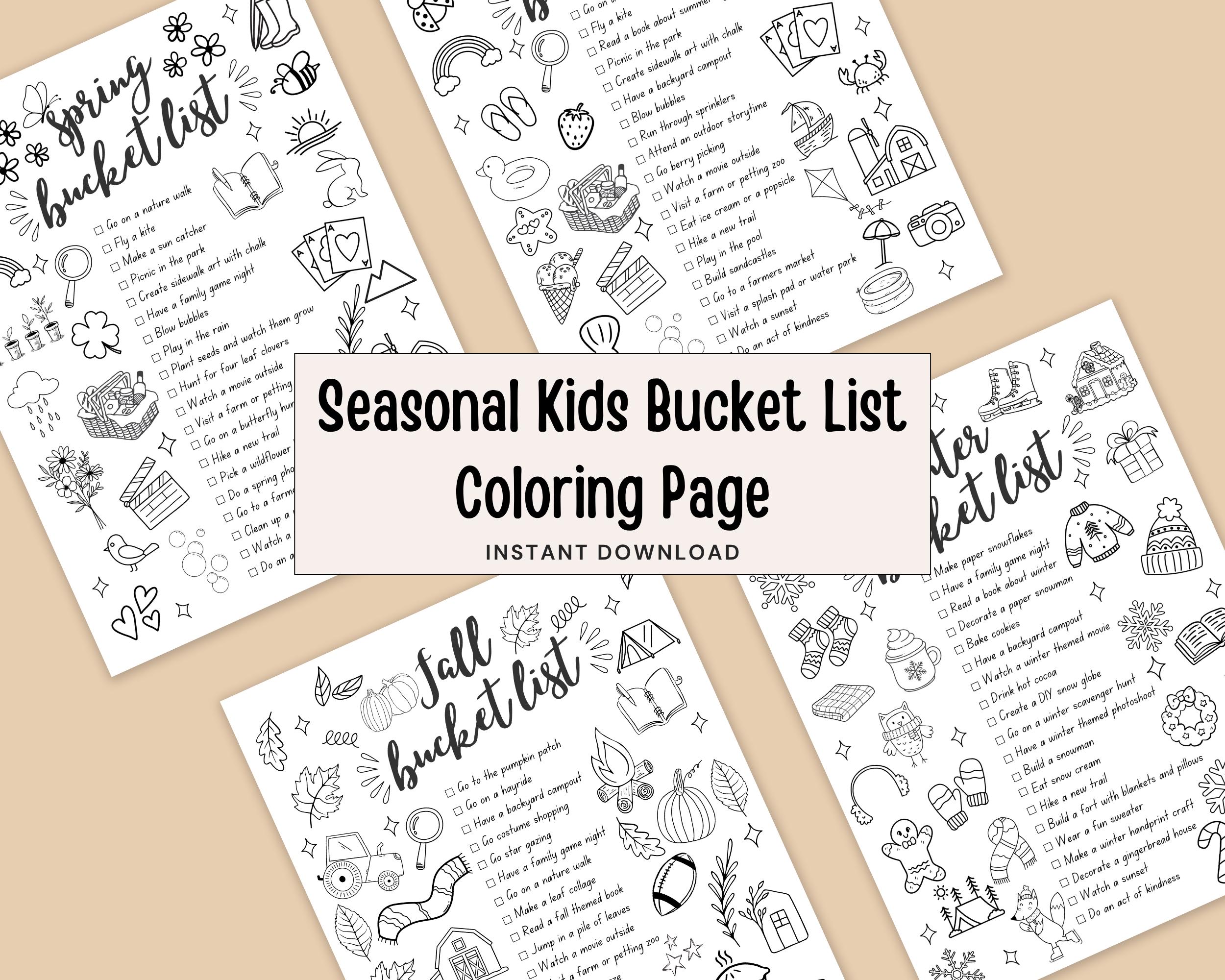 Kids Bucket List Bundle, Printable Coloring Page, Family Fun Seasonal ...