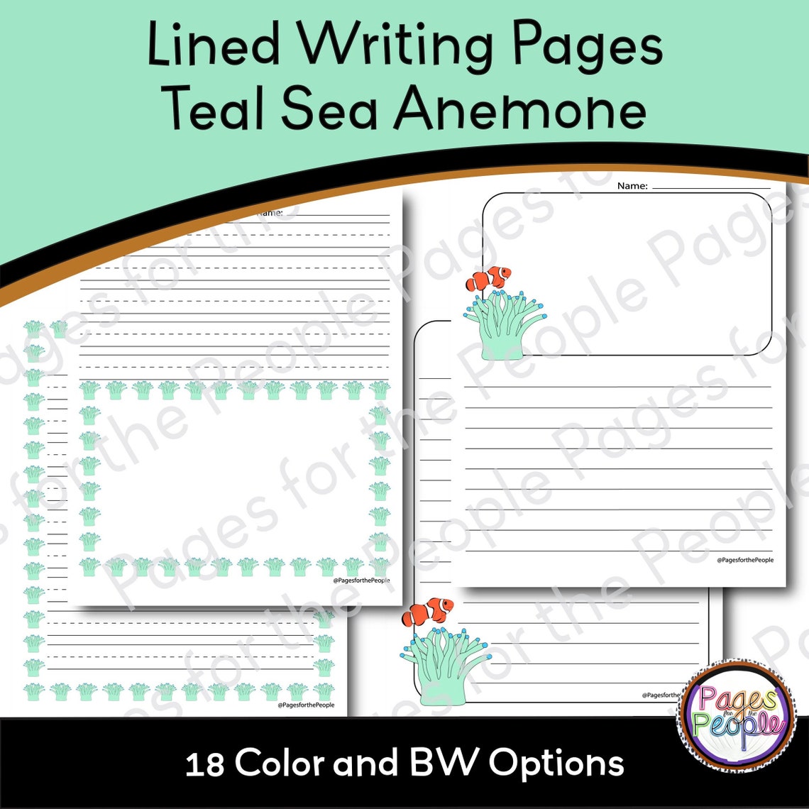 Teal Sea Anemone Clip Art Lined Writing Paper Printable (digital ...