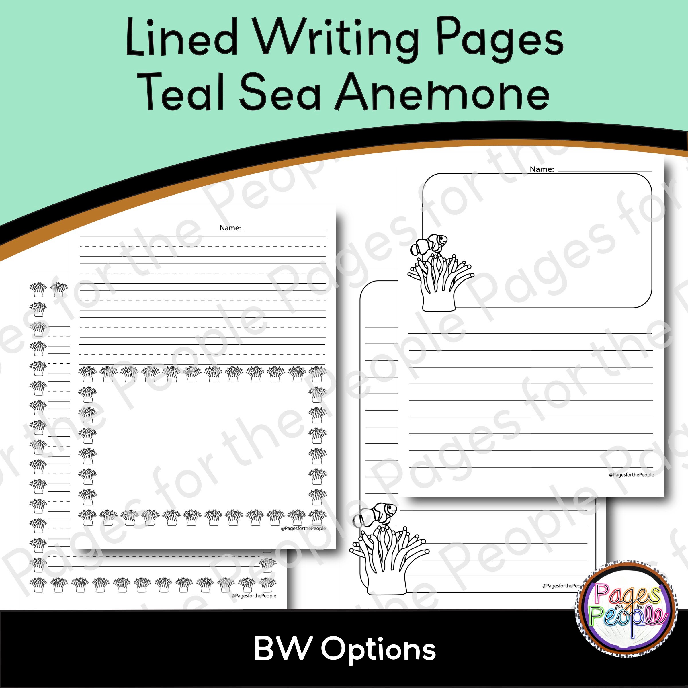 Teal Sea Anemone Clip Art Lined Writing Paper Printable (digital ...