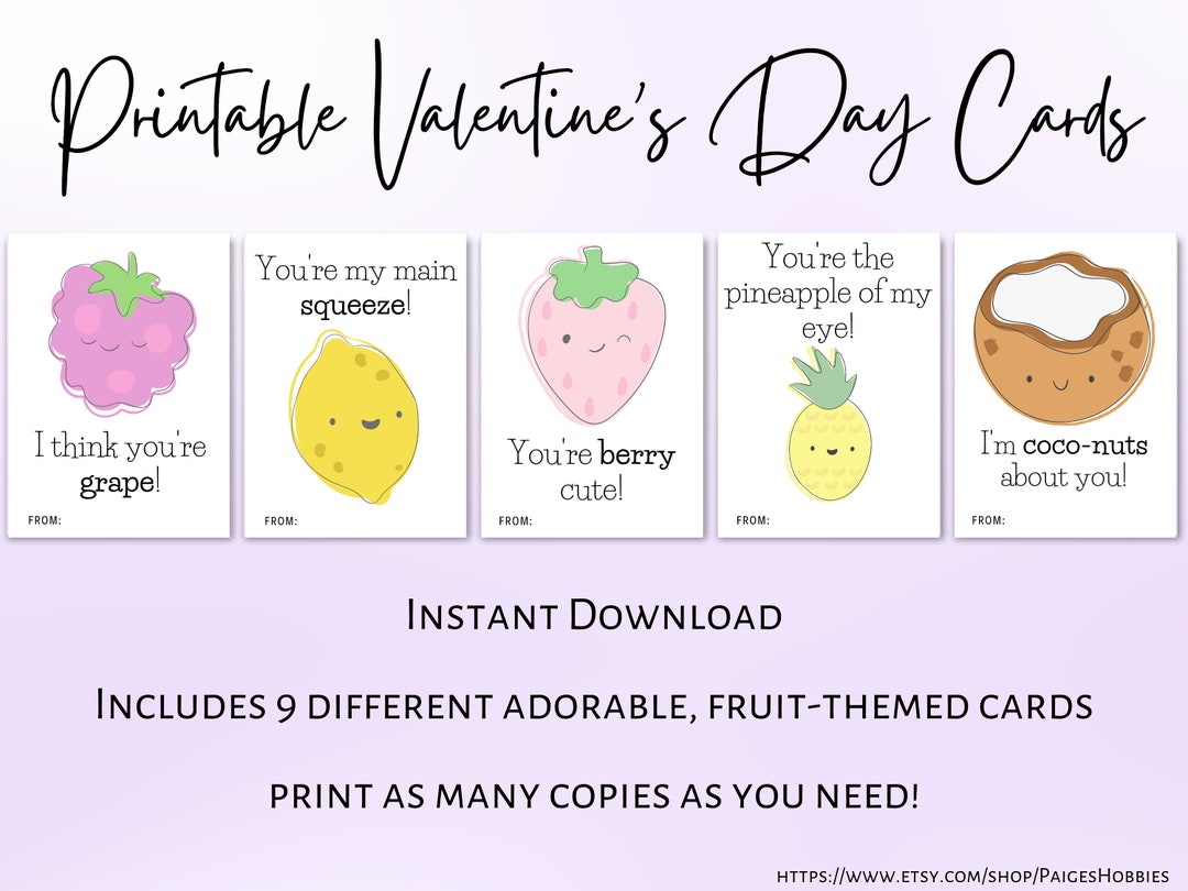 Printable Adorable Fruit Themed Valentine's Cards for Kids / Instant ...
