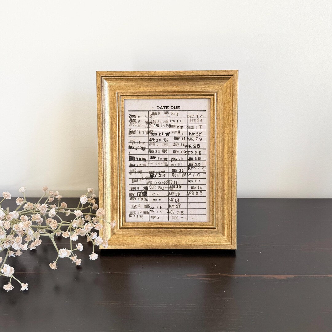 Framed Vintage Library Book Due Date Card Print, Small Gold Frame, Size ...