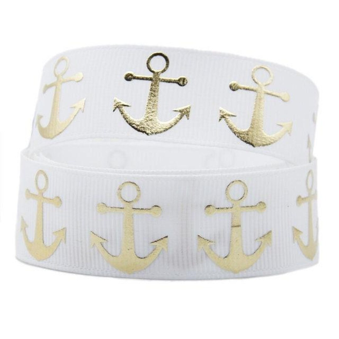 Gold Embossed Nautical Anchor Ribbon 7/8" High Quality Grosgrain Ribbon ...