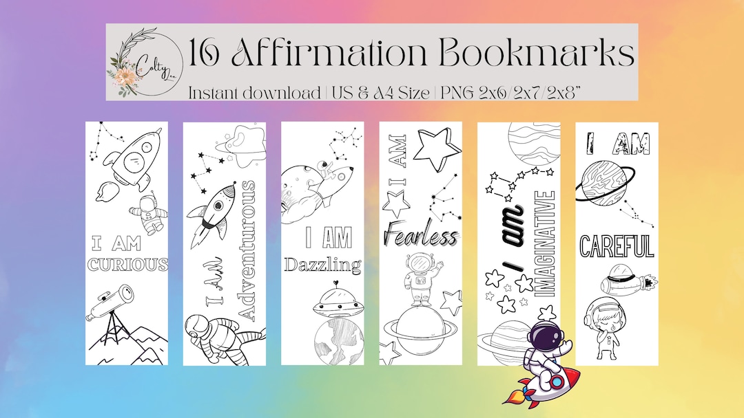 Children's 16 Space Affirmation Coloring Bookmarks Bundle | Party ...
