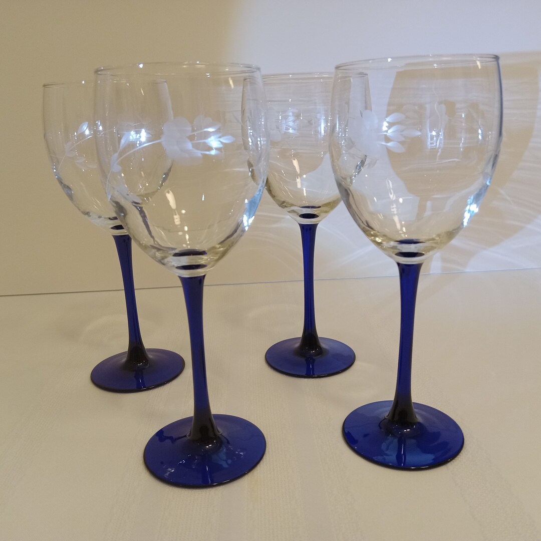 Luminarc Etched Blue Stem Wine Glasses, Set of 4 - Etsy