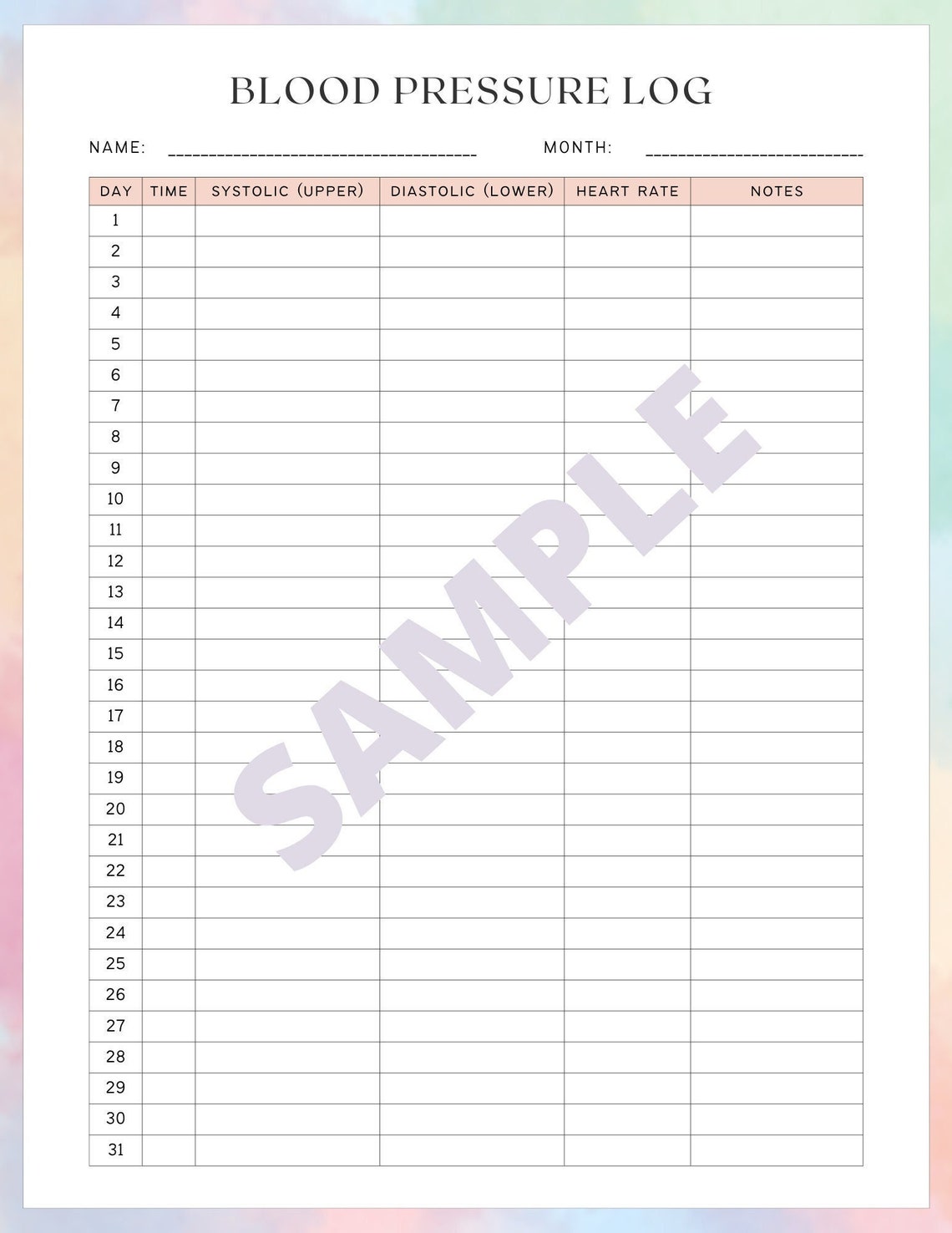 Printable Blood Pressure Monitoring Log, High Blood Pressure Tracker ...