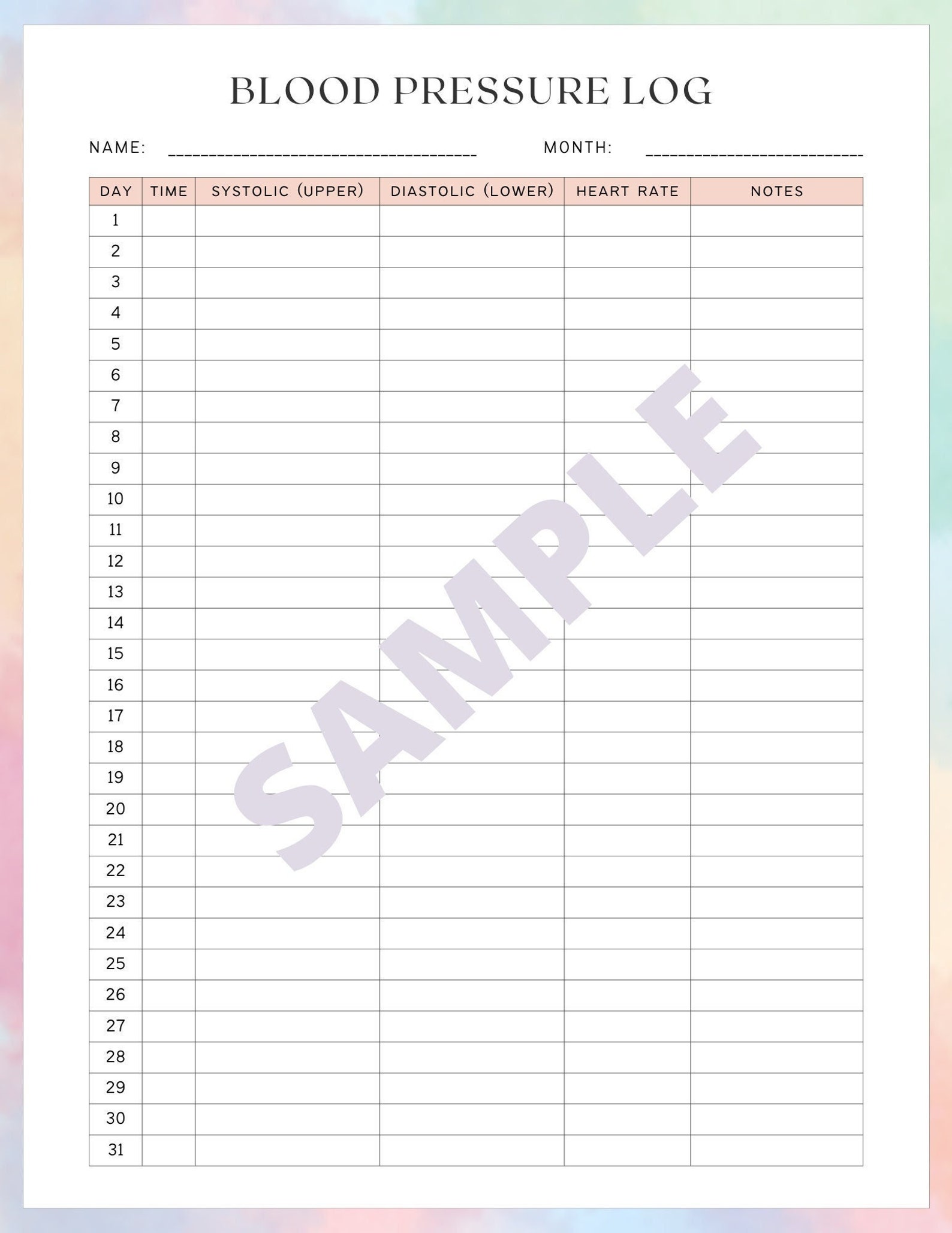 Printable Blood Pressure Monitoring Log, High Blood Pressure Tracker ...
