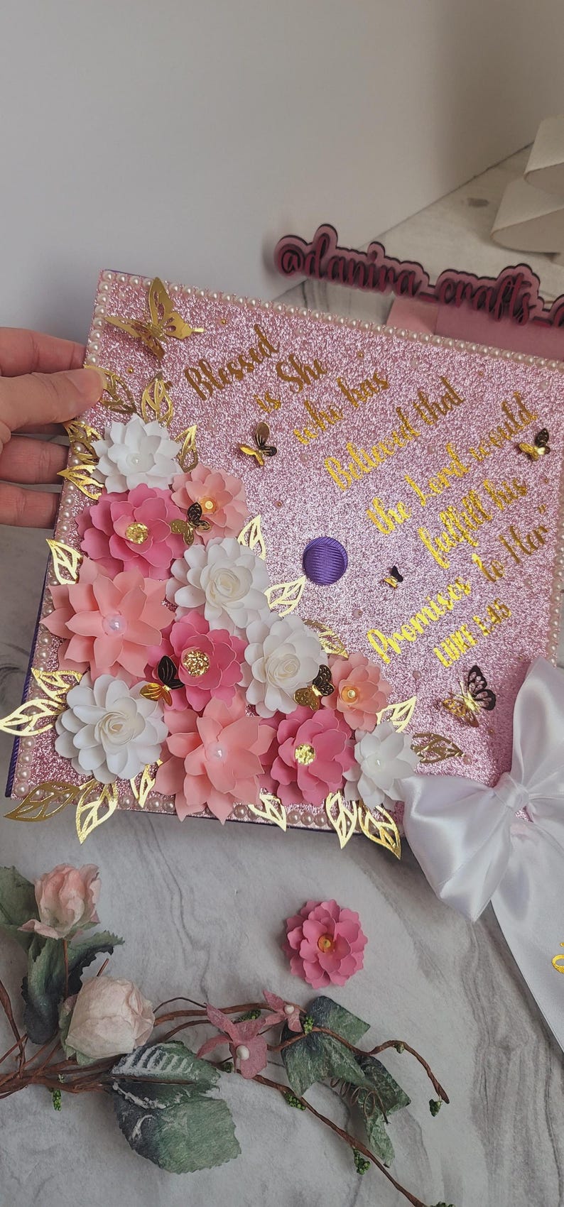 Custom Graduation Cap Topper, Pink Paper Flowers, Class of 2026, High ...