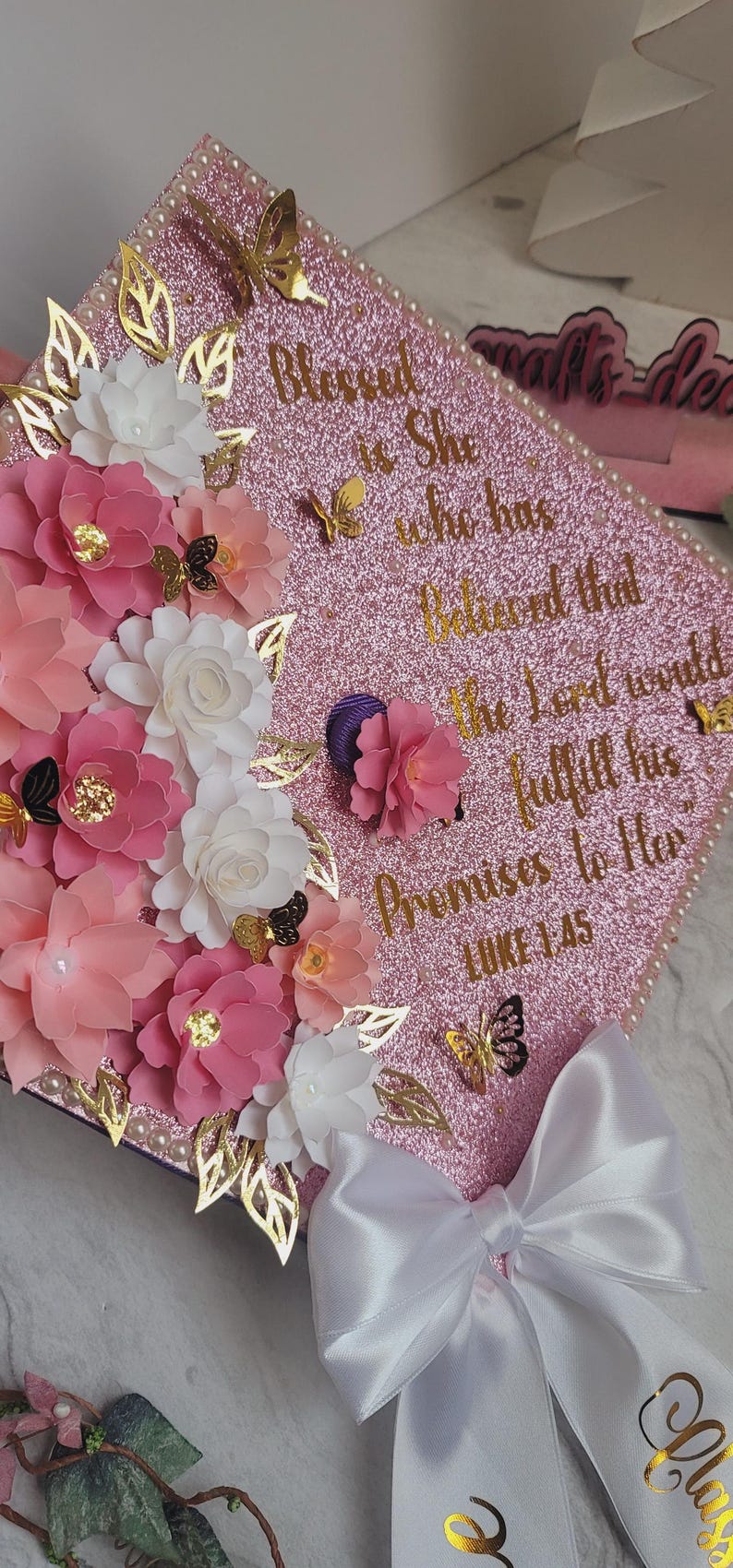 Custom Graduation Cap Topper, Pink Paper Flowers, Class of 2026, High ...