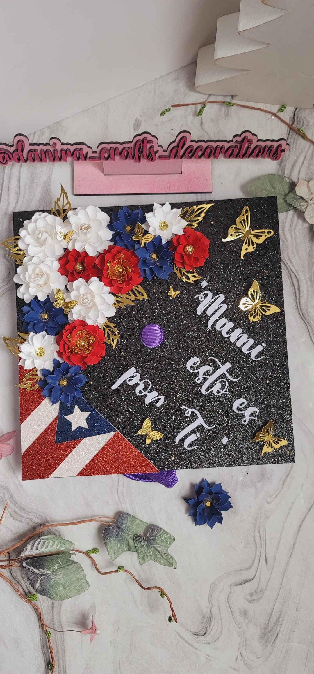 Custom Flag Graduation Cap, Puerto Rico Flag, Custom Paper Flowers Grad ...