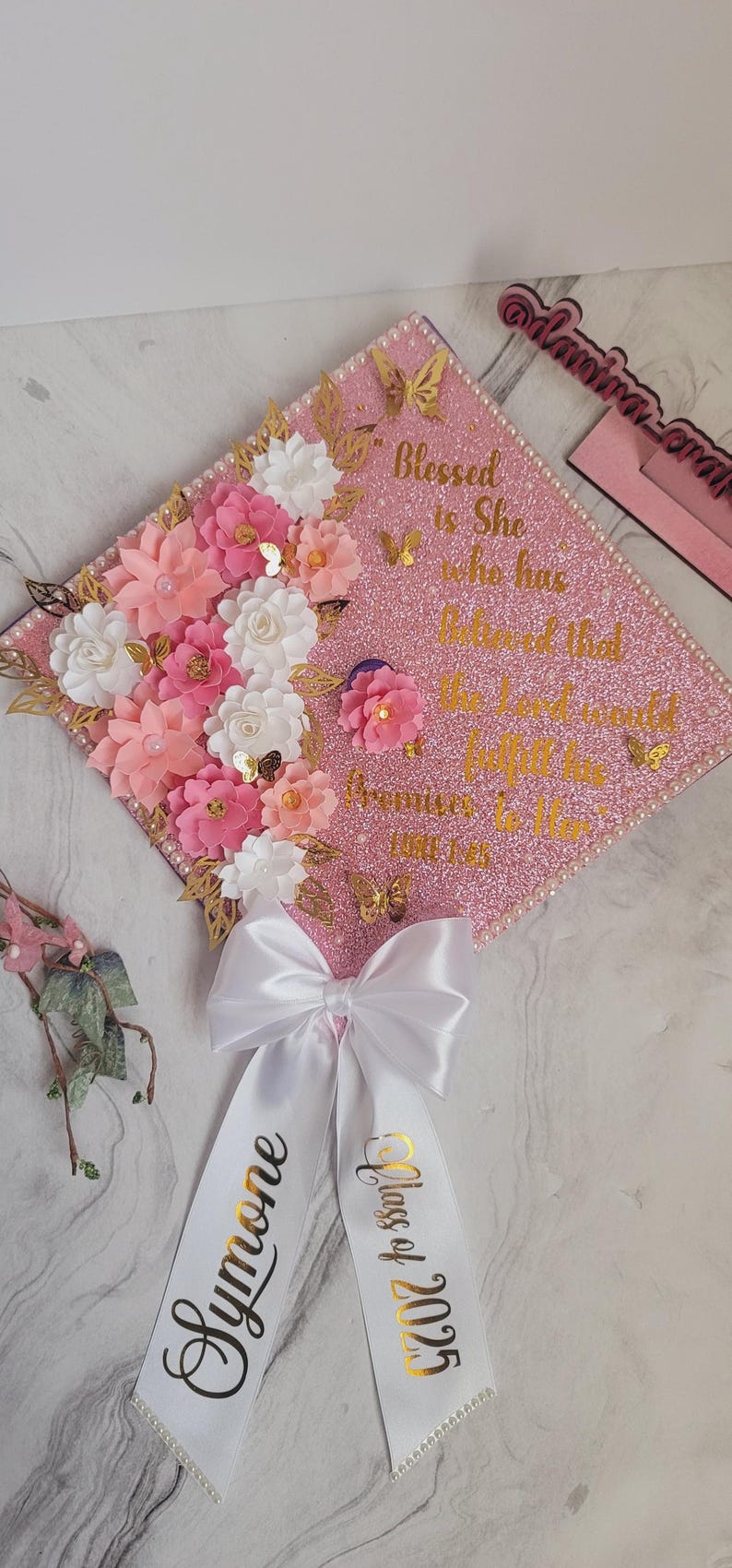 Custom Graduation Cap Topper, Pink Paper Flowers, Class of 2026, High ...