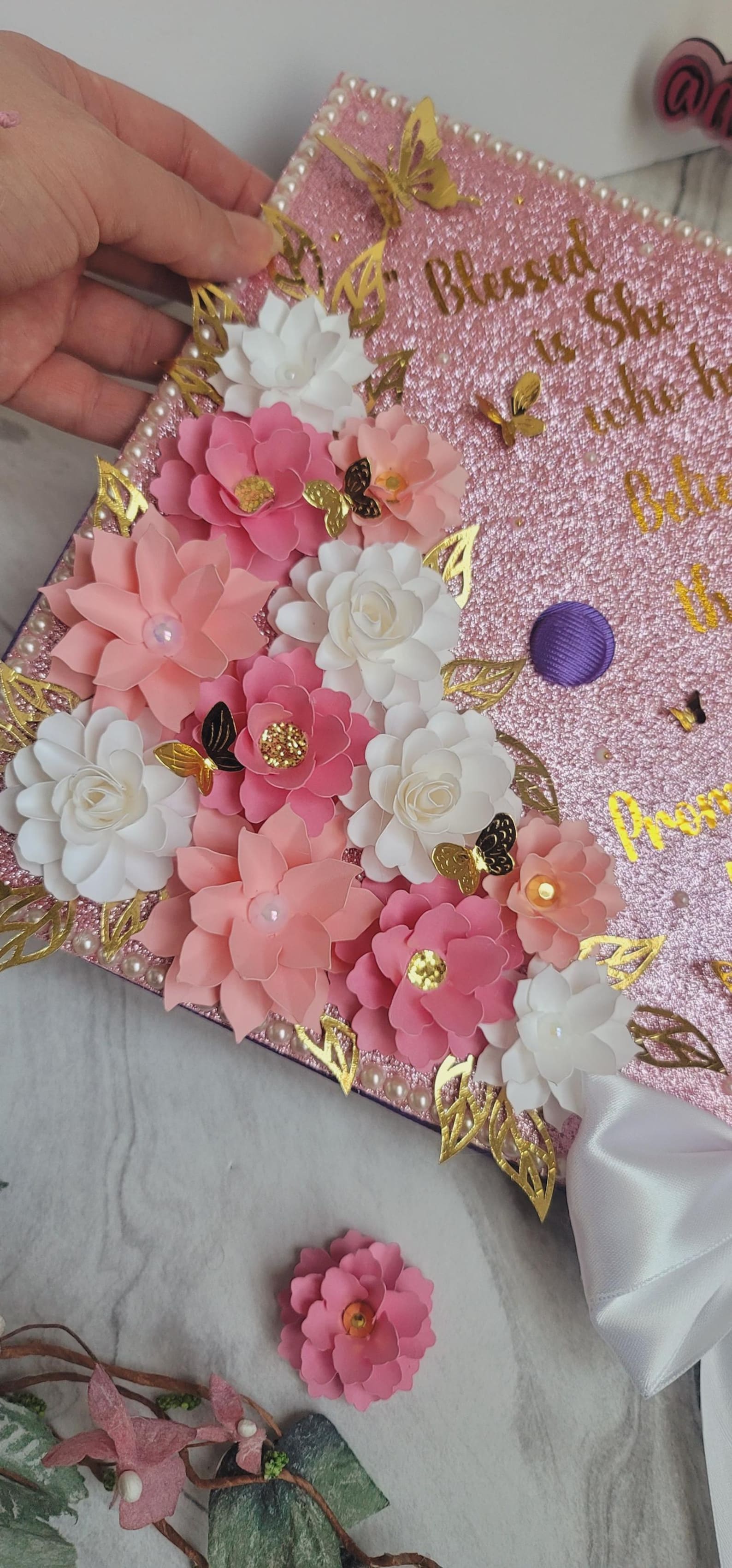 Custom Graduation Cap Topper, Pink Paper Flowers, Class of 2026, High ...